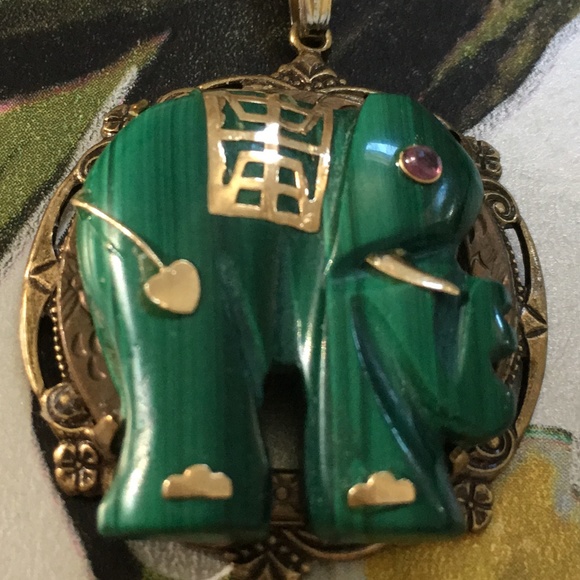 Vintage | Jewelry | Vintage Malachite Ruby Gold Elephant Pendant | Poshmark